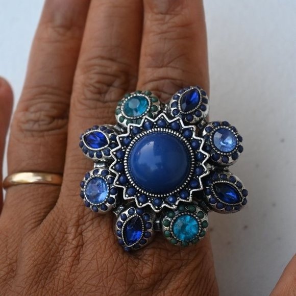 Jewelry | Shades Of Blue Halo Ring Cobalt Blue Flower Statement Stretch ...